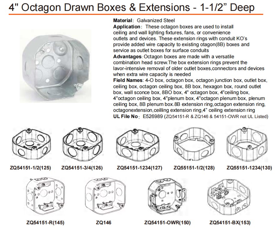 4" Octagon Drawn Boxes - 1-1/2” Deep 1/2" KO with Raised Ground Emboss ...
